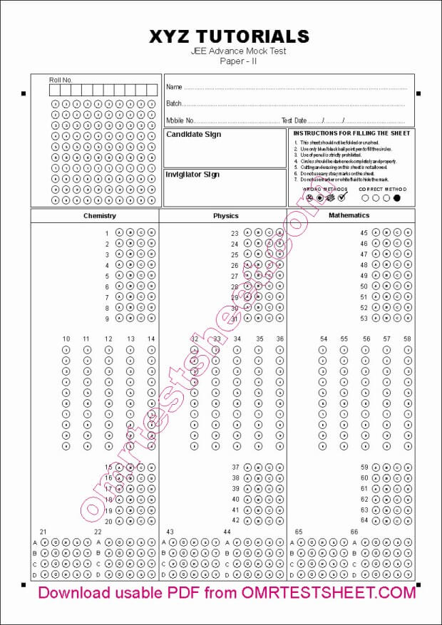 OMR Assessment Form MCQ Answer Sheet