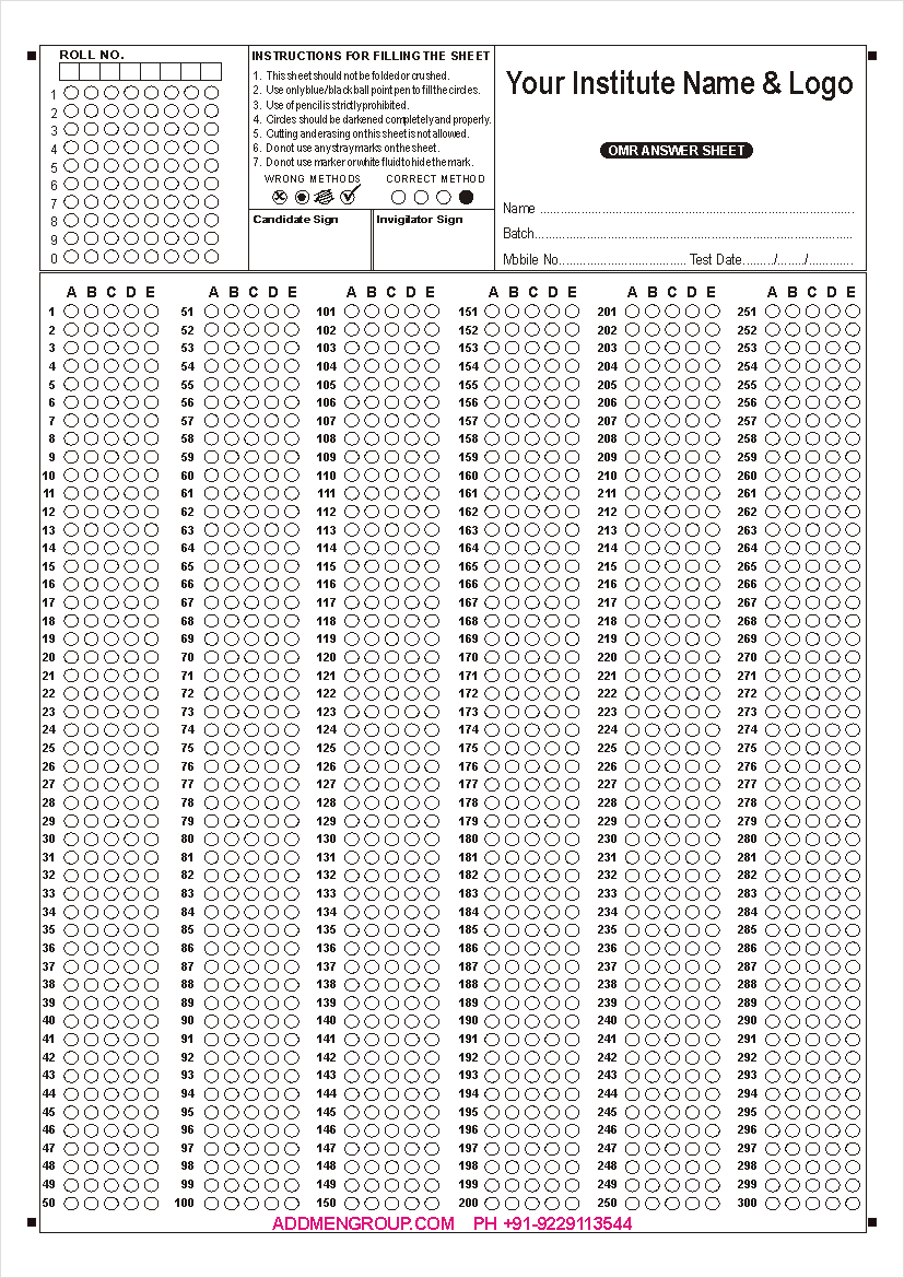 300 Question OMR Sheet Sample 300 Question OMR Sheet Sample