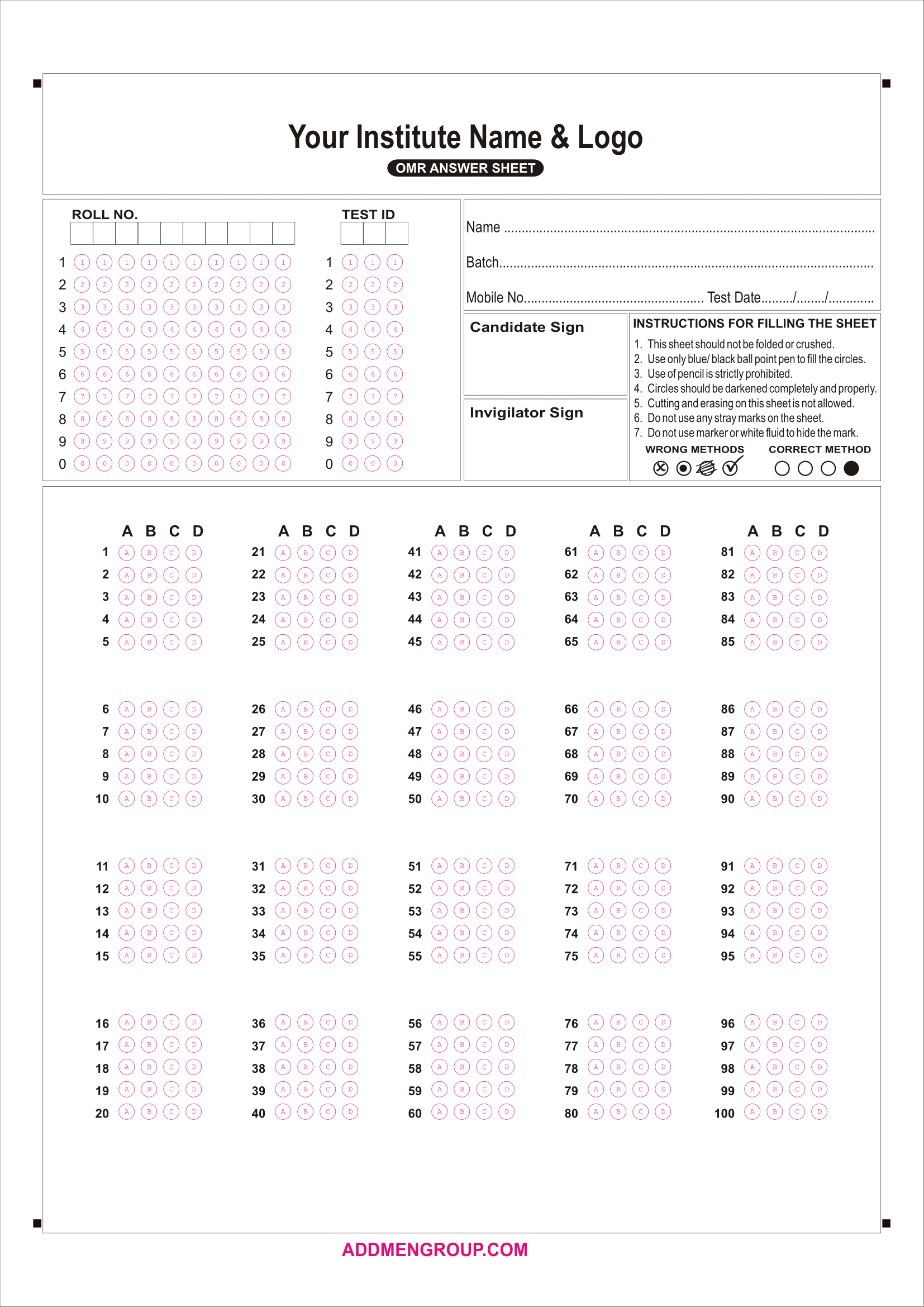 100 Question OMR Sheet Sample
