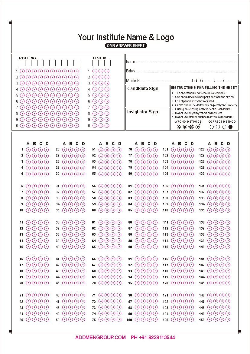 OMR Sheet Download 150 Questions OMR Sheet Download 150 Questions