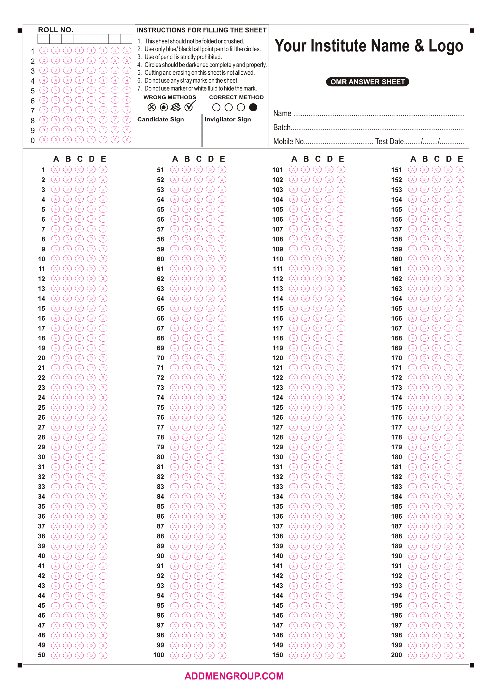 200 Question OMR Sheet Sample